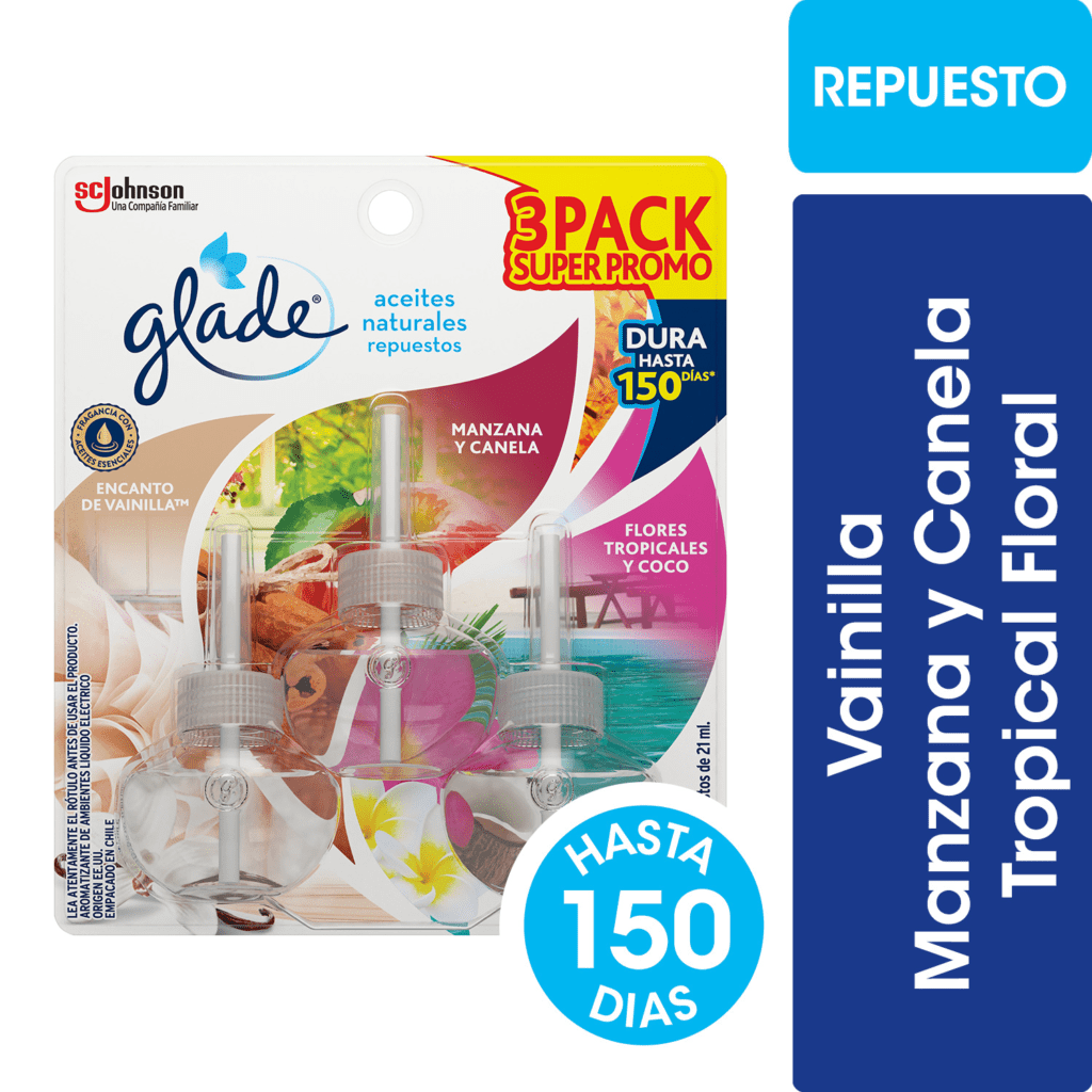 GLADE ACEITE NATURAL VAINILLA/MC/TROPICAL RECARGA 21 ML X 3 (6.UNIDADES ...